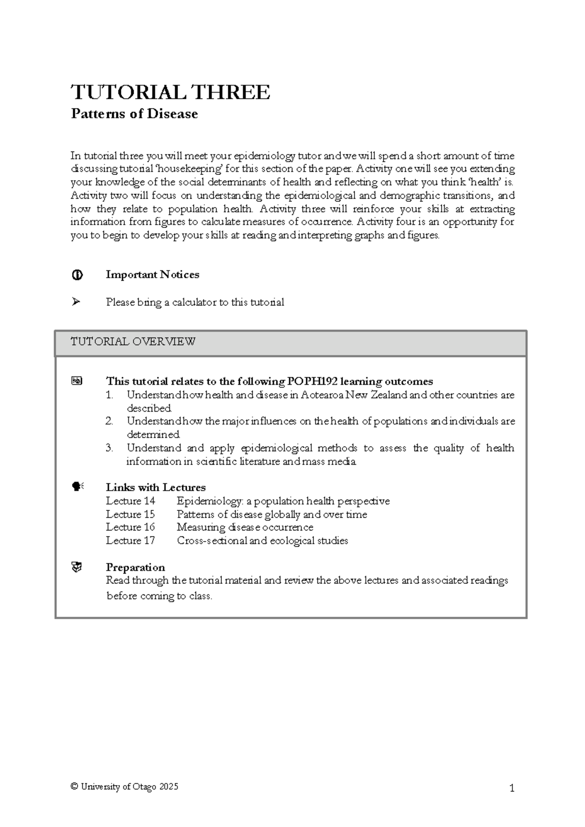 POPH192 Tutorial 3: Patterns of Disease and Measures of Occurrence ...