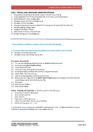 CSS NC II CORE Study Guide COC 1 4 - Page 1 of 21 COC1 – INSTALL AND CONFIGURE COMPUTER SYSTEMS ...