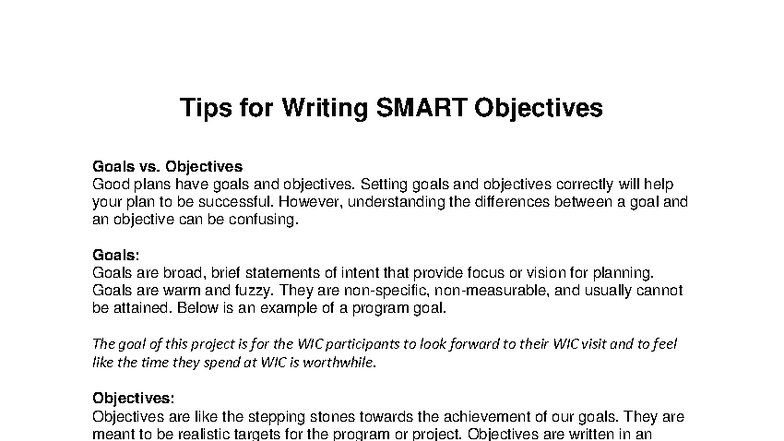 Tips for Writing SMART Objectives: Goals vs. Objectives - Studocu