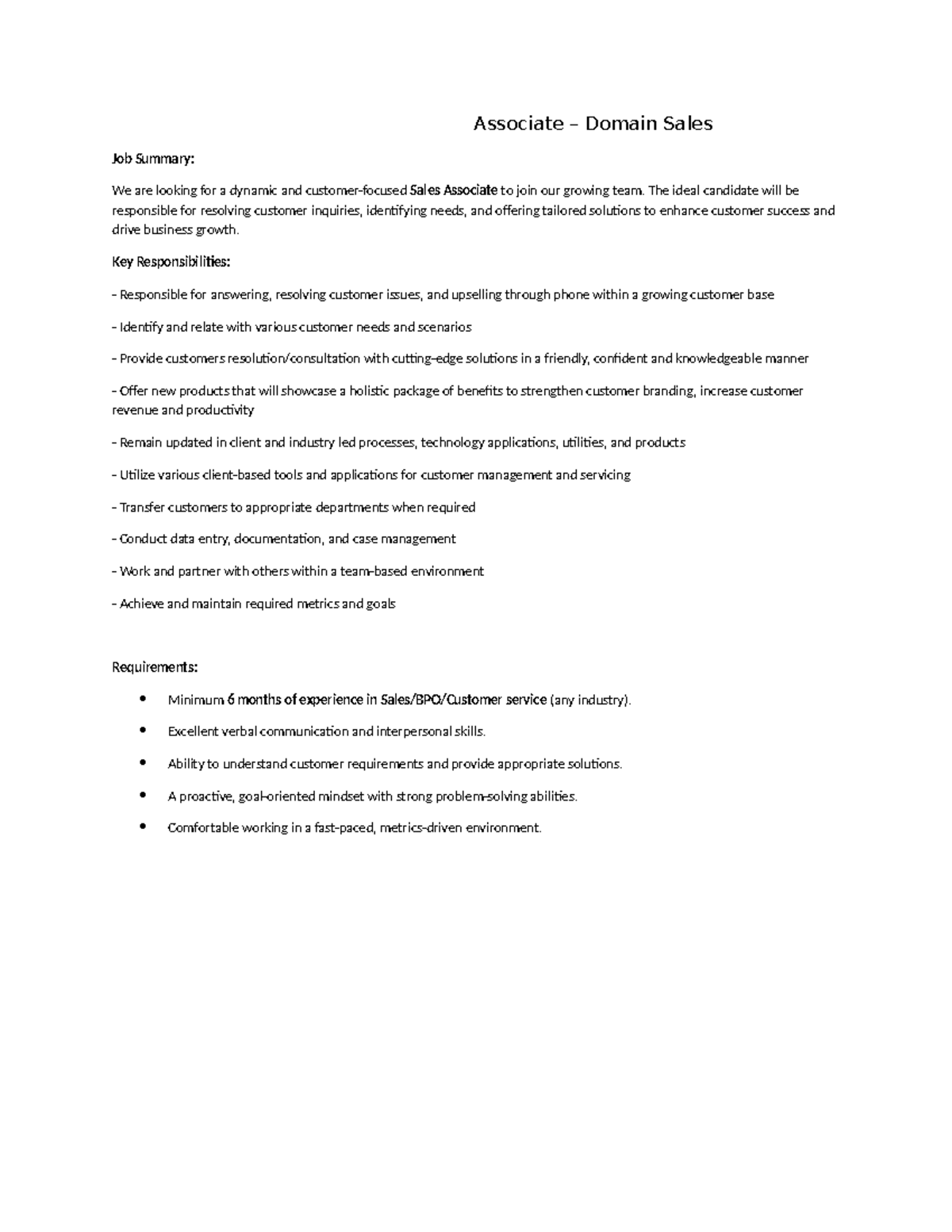 JD for Associate Sales Position (GD) (003) - Studocu
