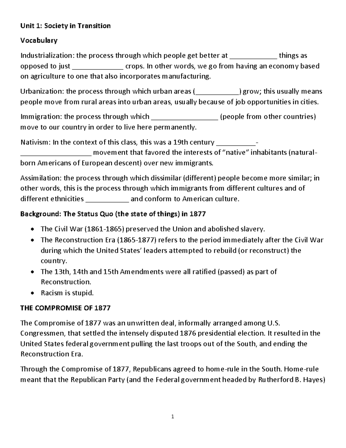 Burton HIST 101: Unit 1 Society in Transition Vocabulary Notes - Studocu