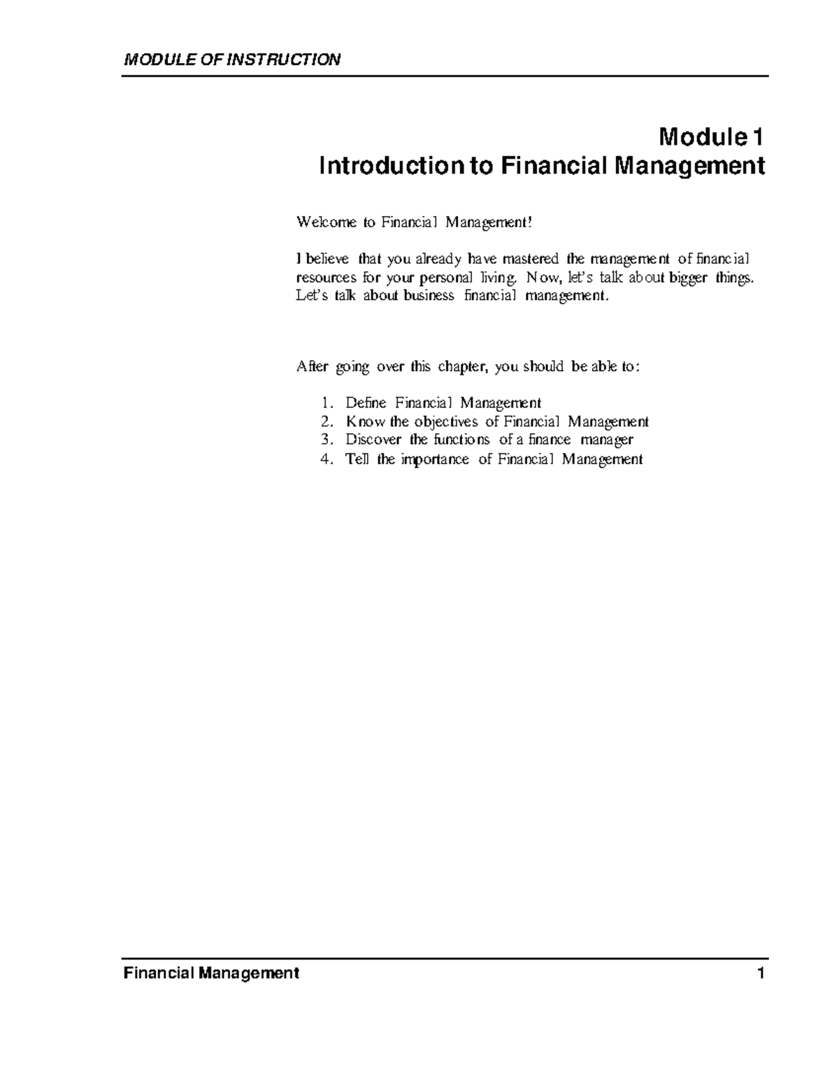 W1 Module 1 Introduction to Financial Management - MODULE OF ...