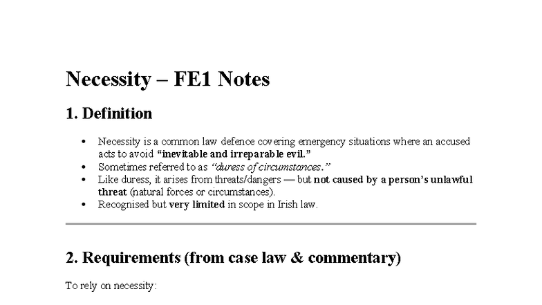 Necessity - Breakdown FE1: Common Law Defence Overview - Studocu