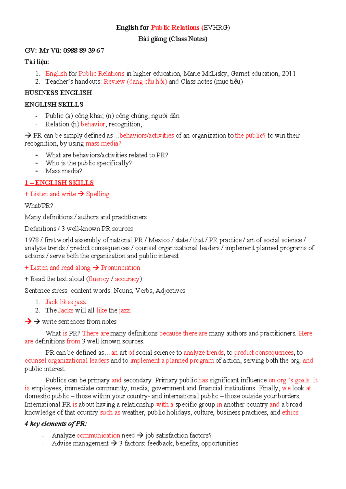 English for Public Relations (EVHRG) Class Notes - Updated 9B - Studocu