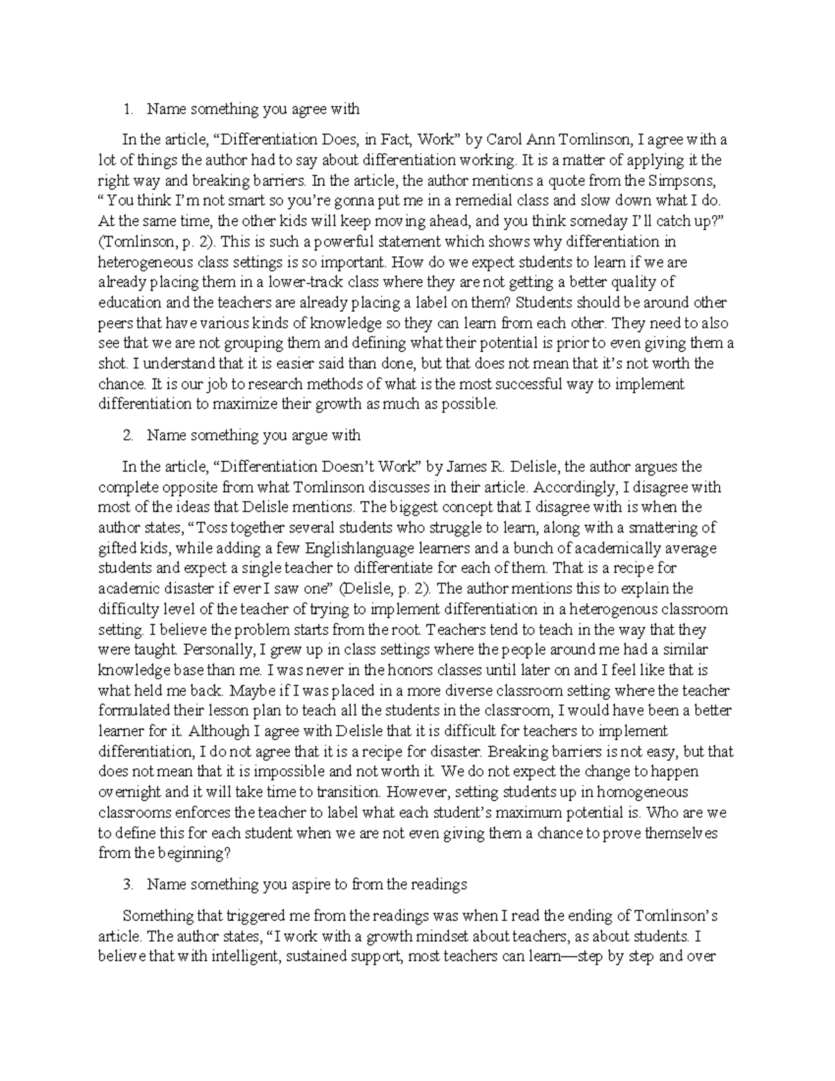 Differentiation Discussion Board: Insights on Tomlinson & Delisle - Studocu