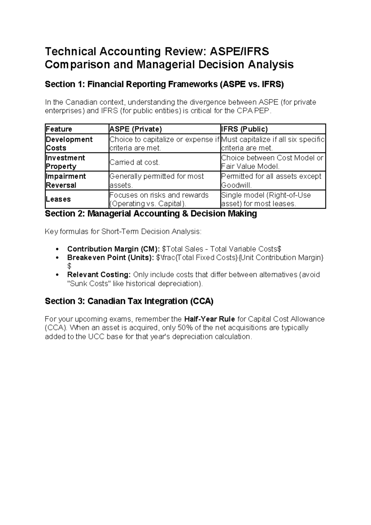 Technical Accounting Review: ASPE vs. IFRS Insights for CPA PEP - Studocu