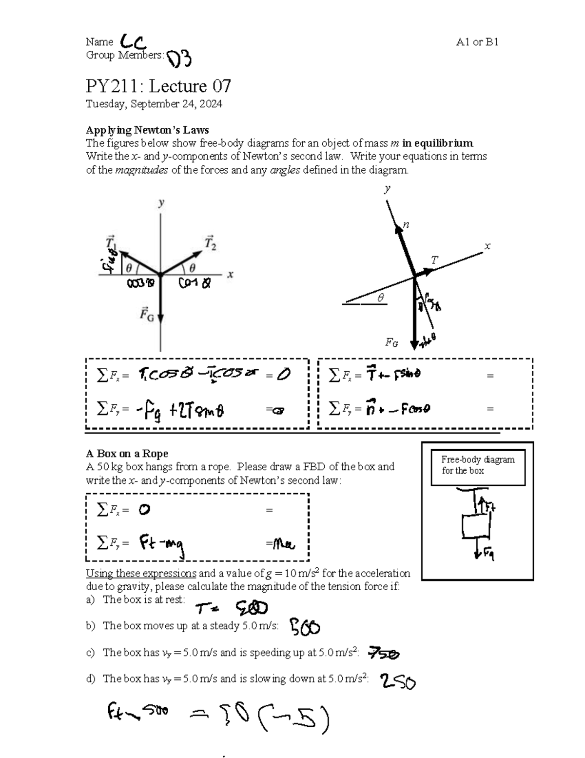 CC Name Group Members: PY211 Lecture 07 Worksheet on Forces and ...