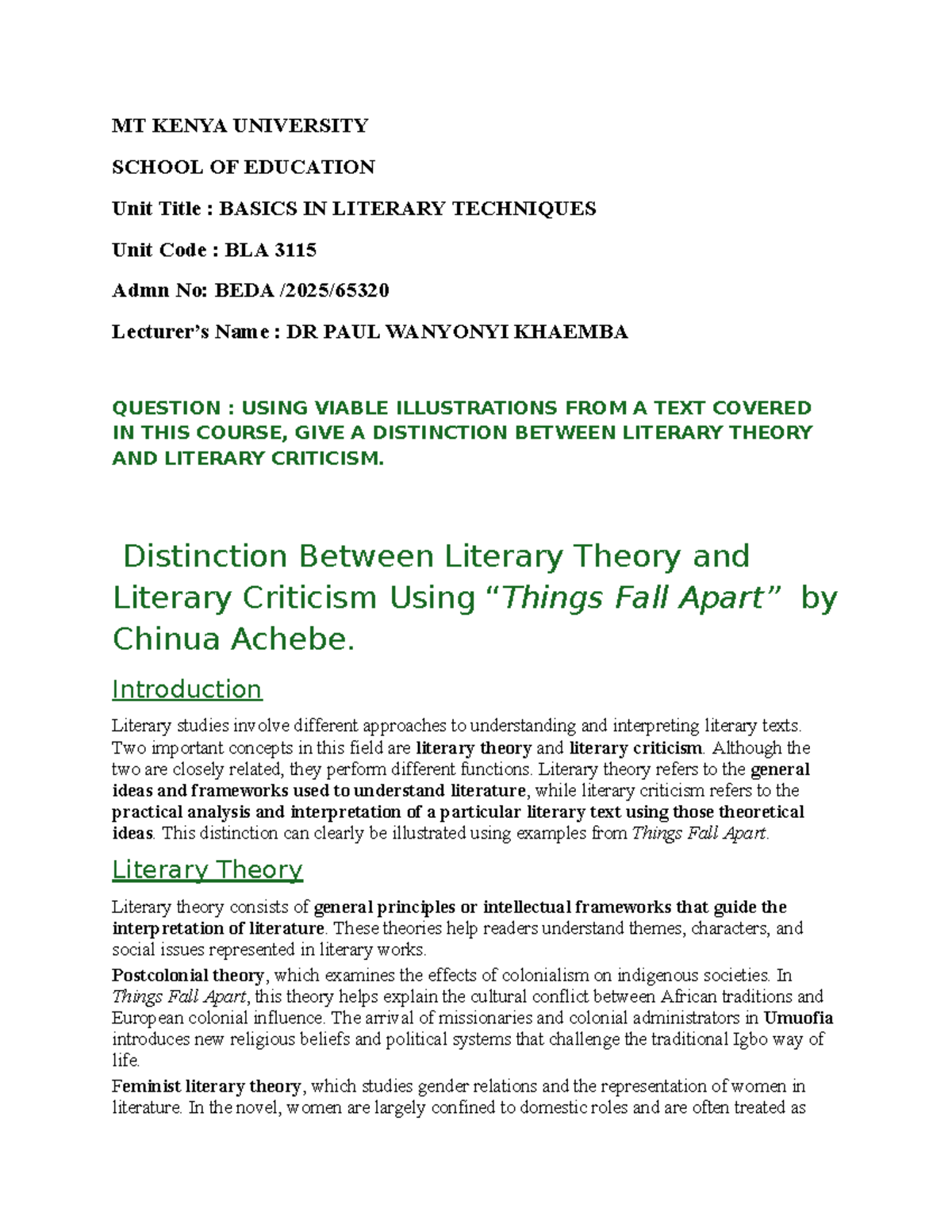 BLA 3115 Distinction Between Literary Theory & Criticism in Achebe's ...