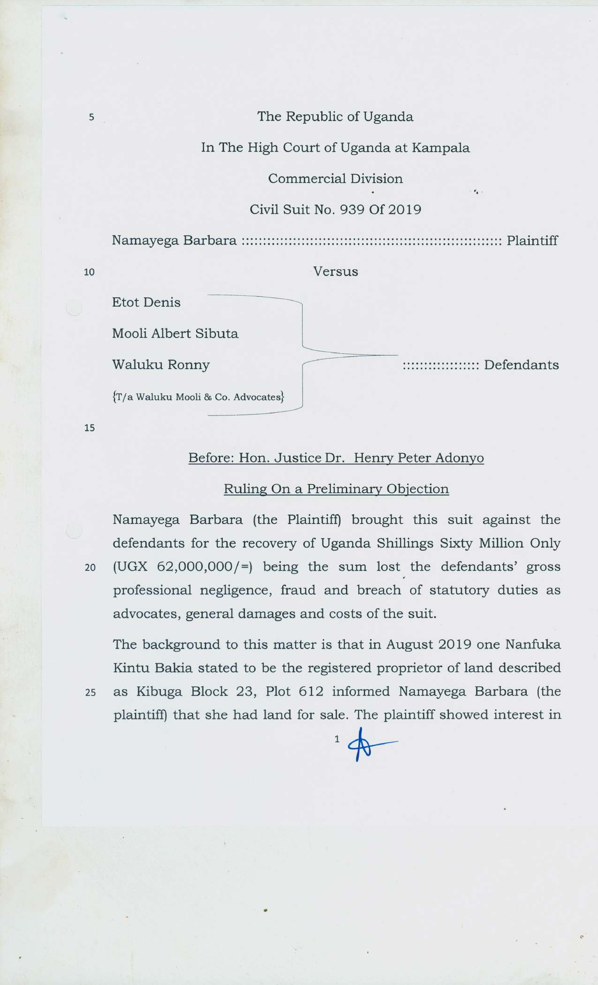Ruling on Preliminary Objection in Civil Suit No. 939 of 2019 - Studocu