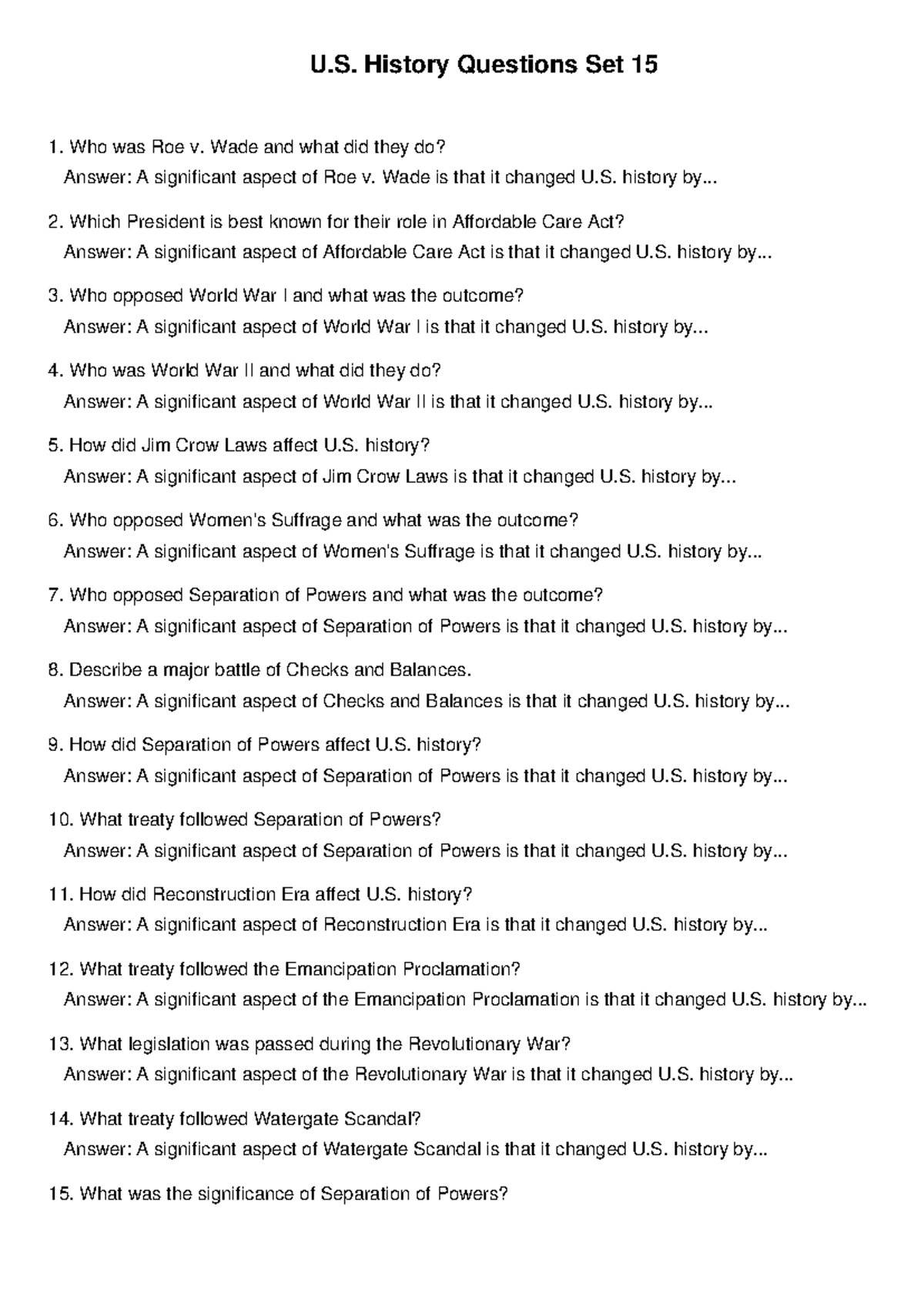 U.S. History Questions Set 15: Key Events and Their Impact - Studocu