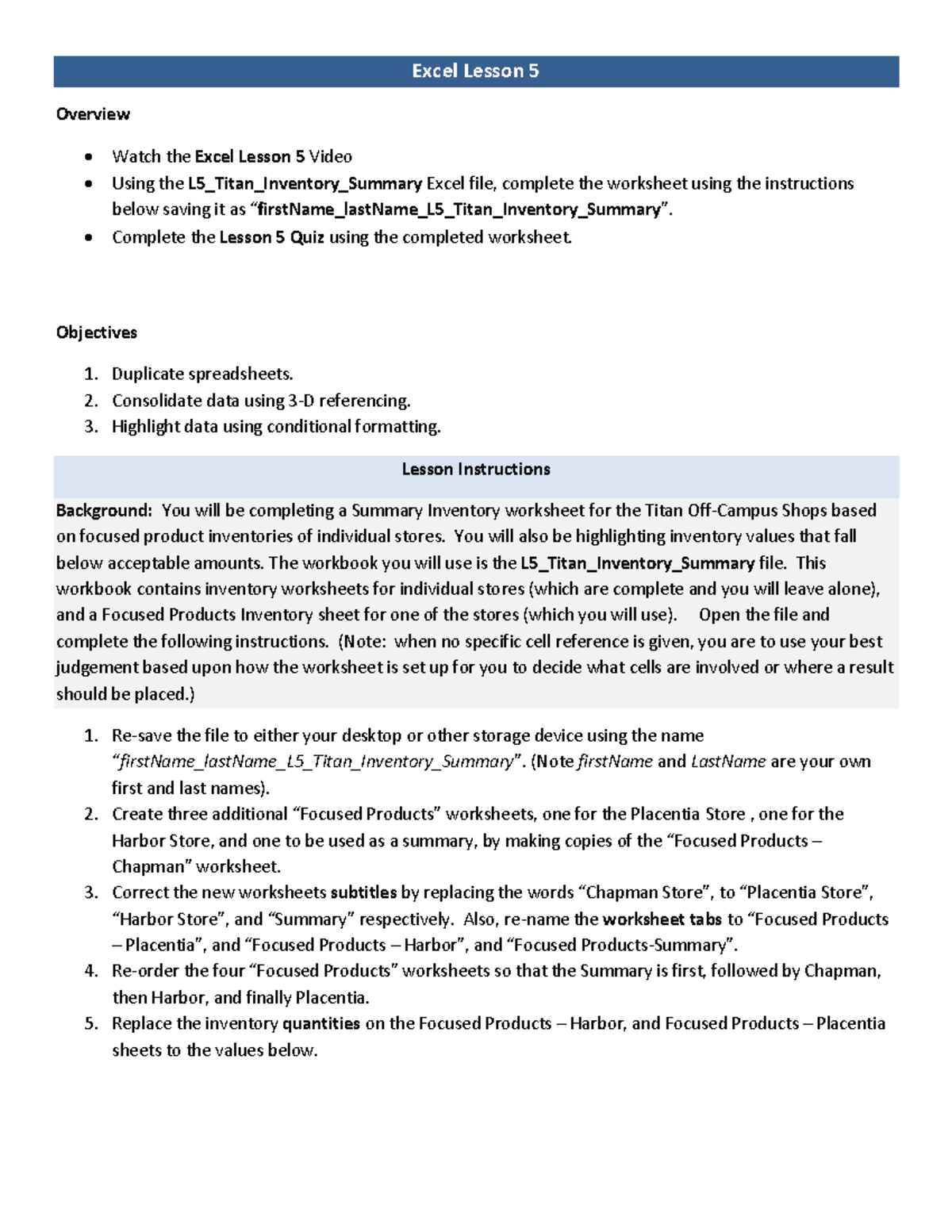 Excel Lesson 5 Instructions - Excel Lesson 5 Overview Watch the Excel ...