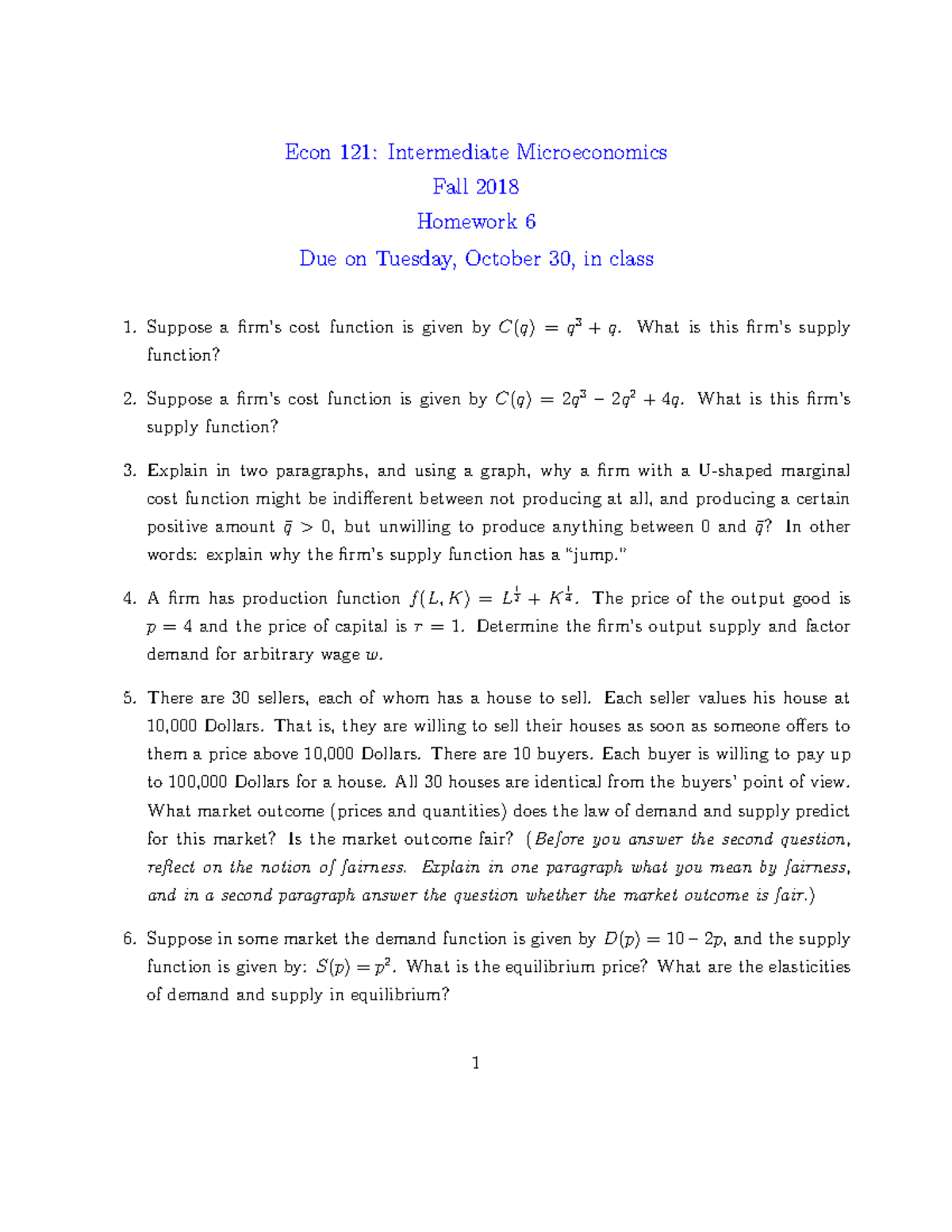 Homework Problems 6 - materials from ECON 121 at Yale with T. Borgers ...