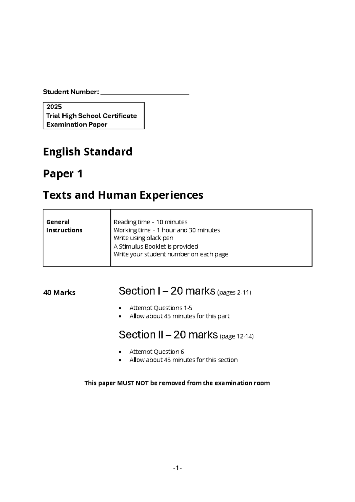 25 English Standard Trial HSC Exam Paper 1: Texts & Human Experiences ...