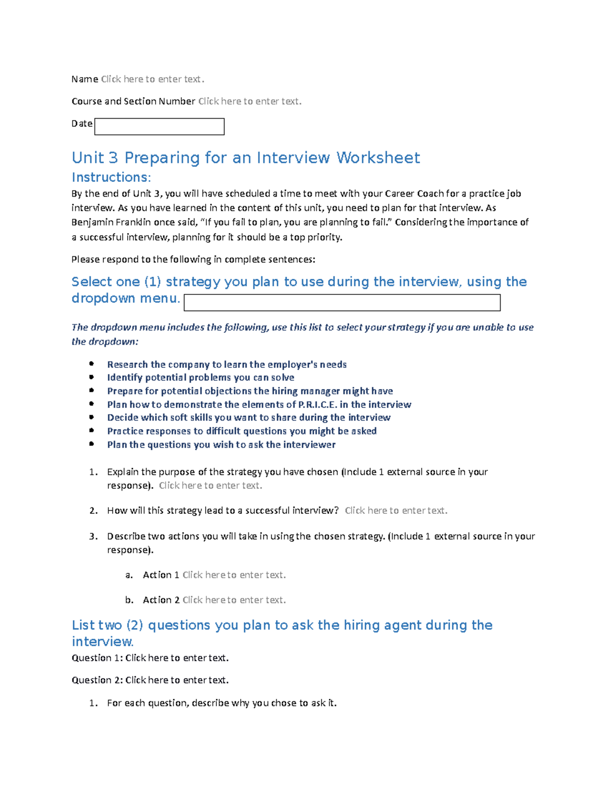PD202 Unit 3 Interview Preparation Worksheet and Strategies - Studocu