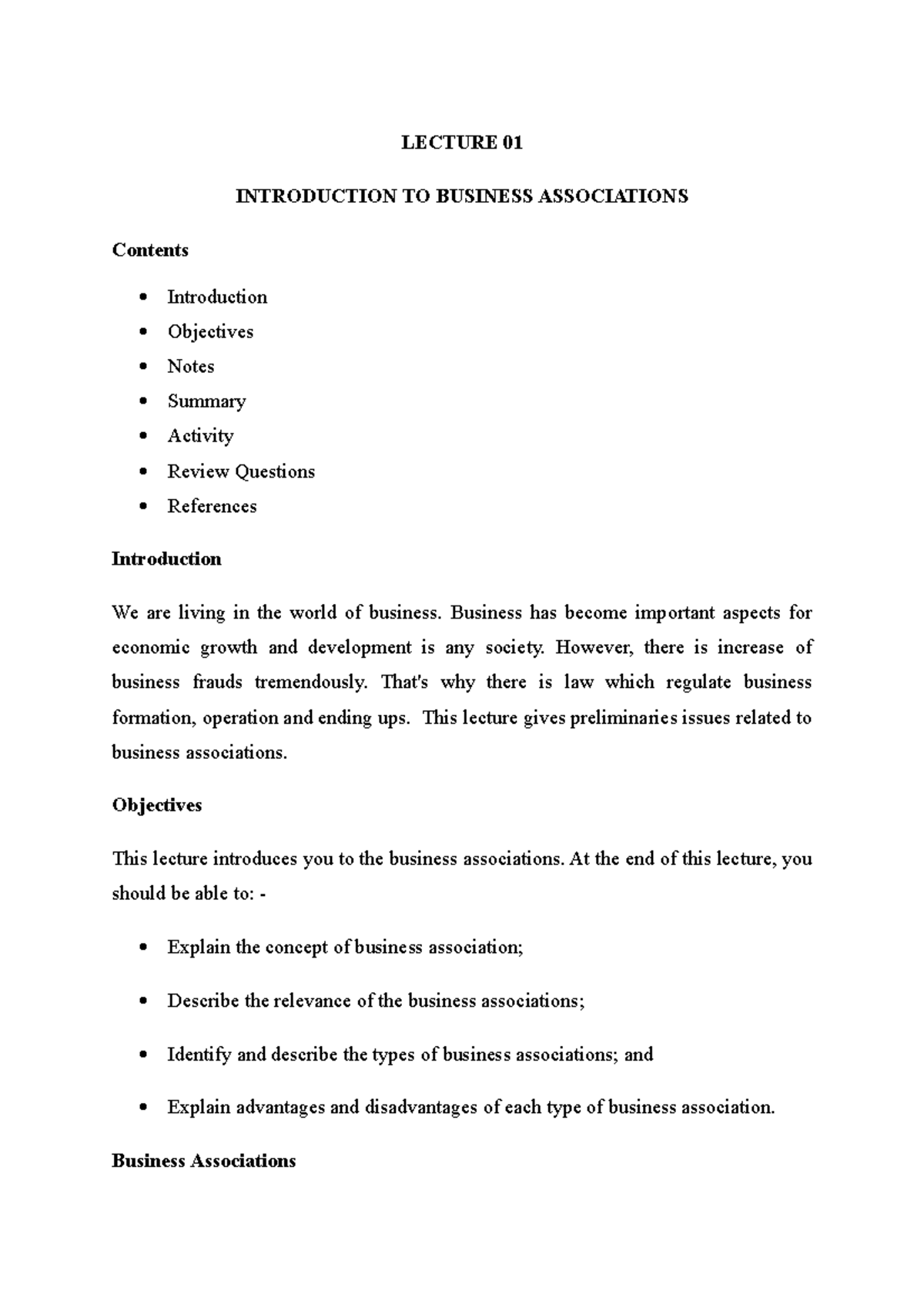 Lecture 01: Intro to Business Associations and Their Types - Studocu