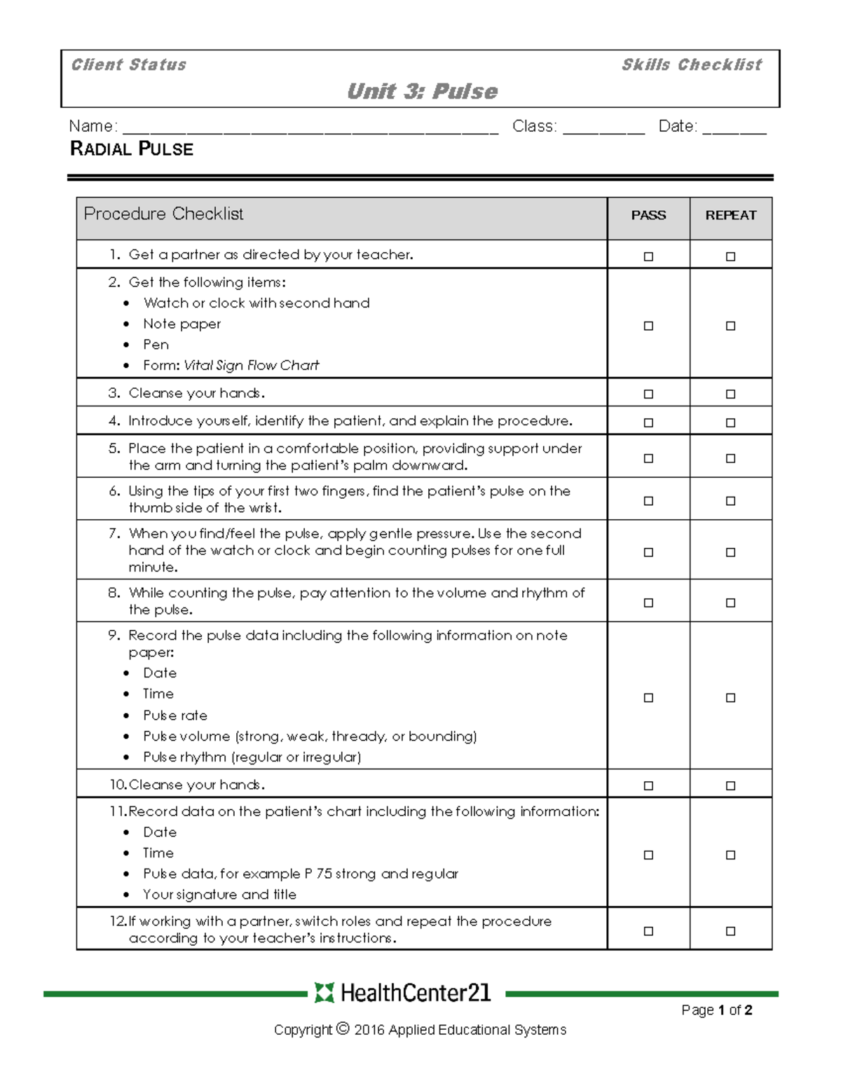 Radial Pulse Procedure Checklist - Unit 3: Client Status Skills - Studocu