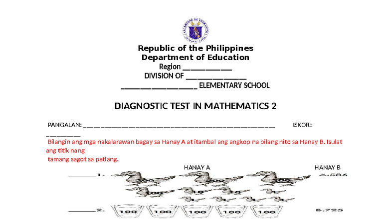 Diagnostic Test in Mathematics 2 - Philippines DepEd - Studocu