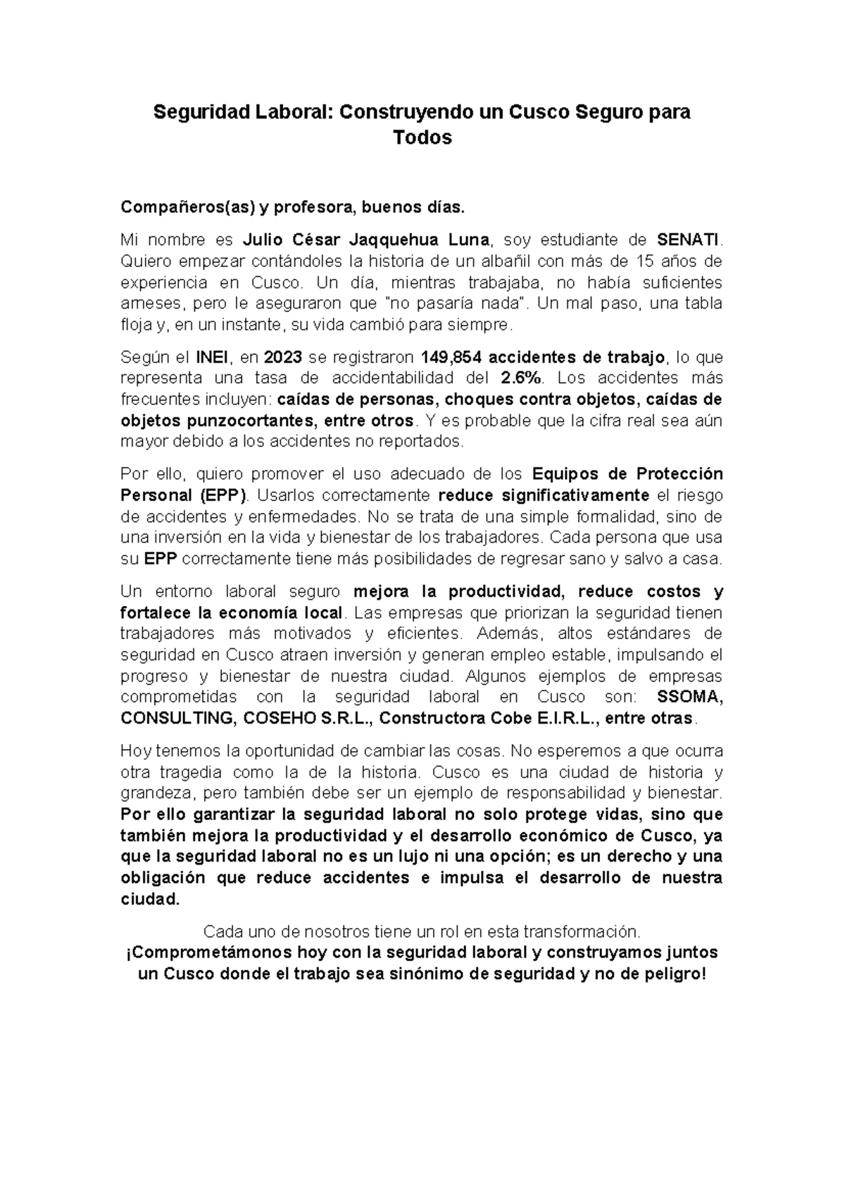 Seguridad Laboral - esta es una guia para un discurso motivacional ...