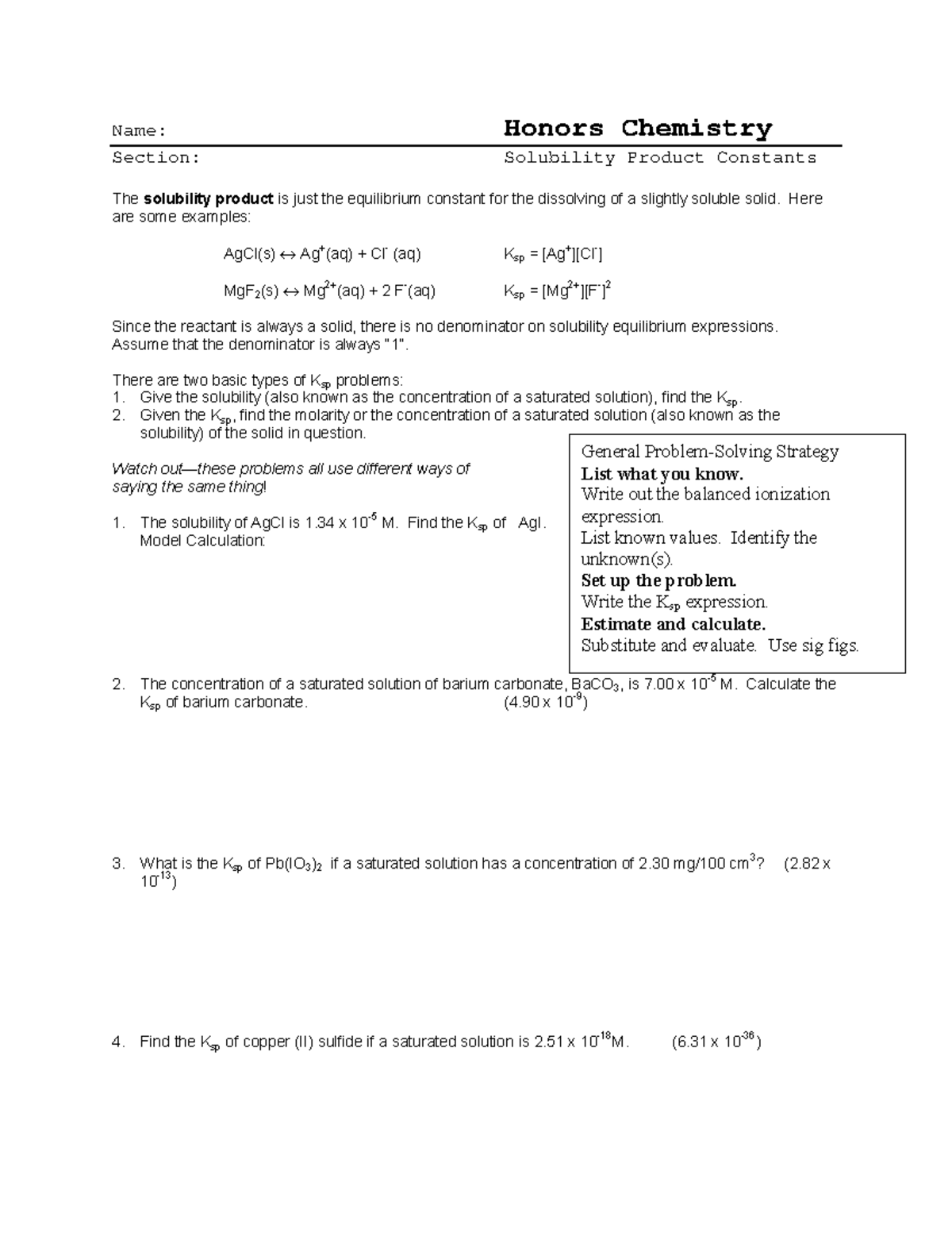 KSP Worksheet: Solubility Product Constants for Honors Chemistry - Studocu