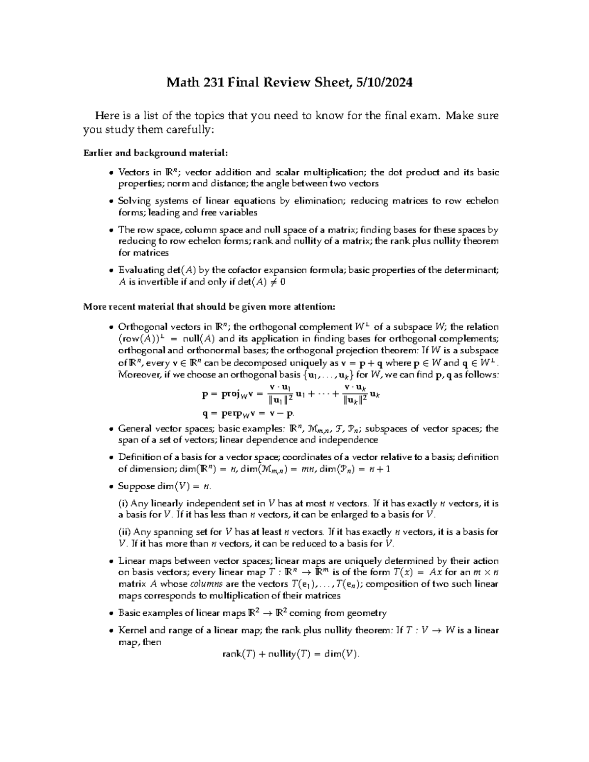 Math 231 Final Exam Review: Key Topics and Concepts - Studocu