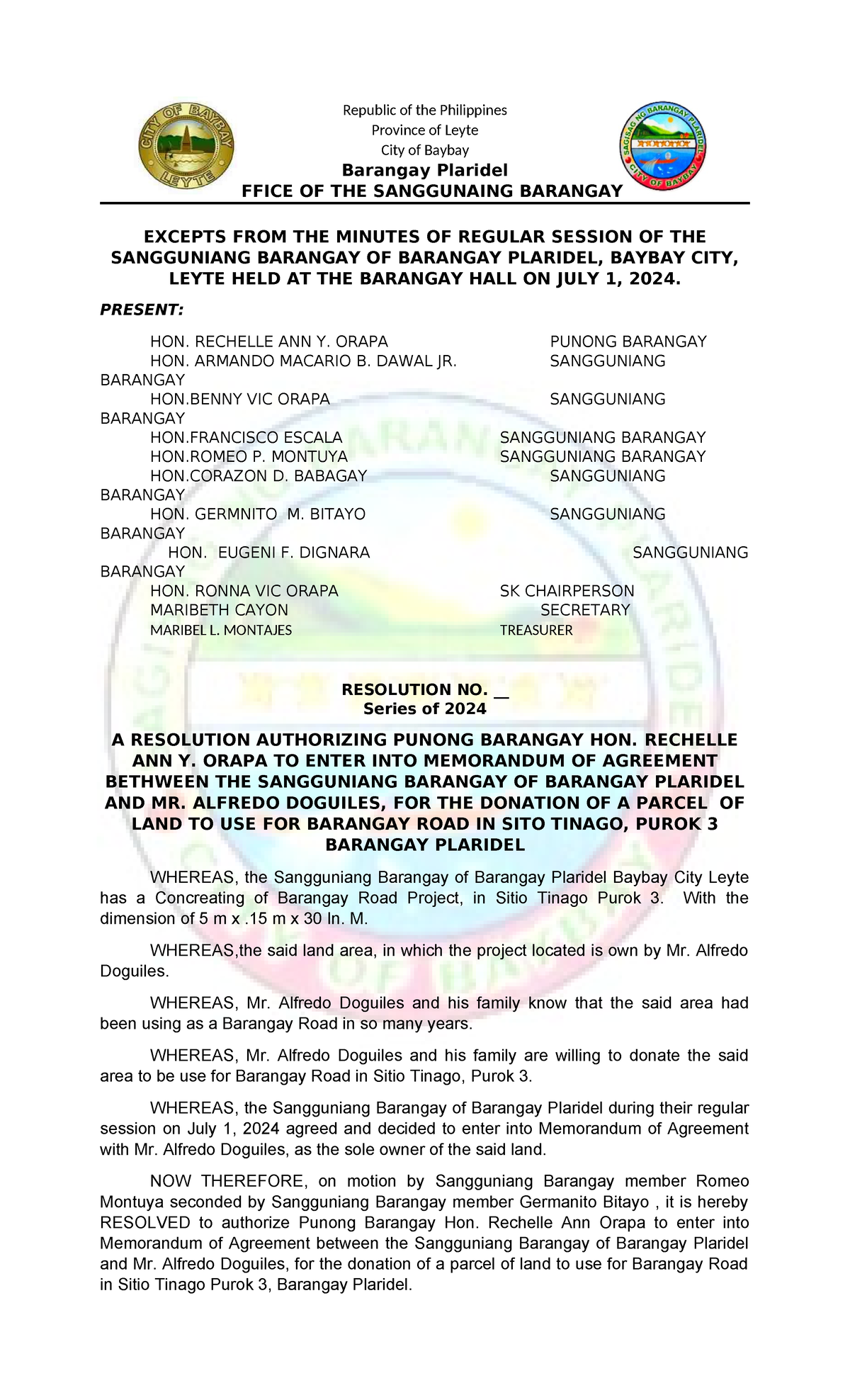 Resolution No. __ Series of 2024: MOA for Land Donation in Barangay ...