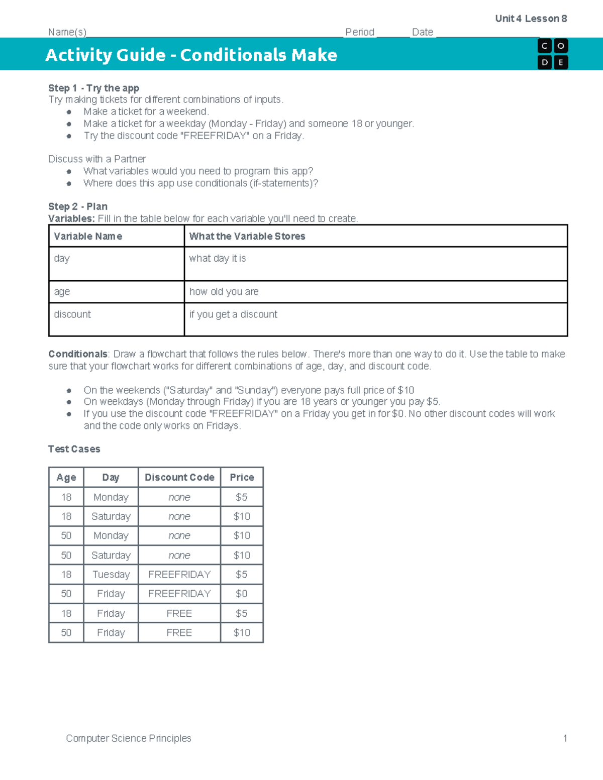 U4L8 Activity Guide Conditionals Make-1 - Unit 4 Lesson 8 - Studocu