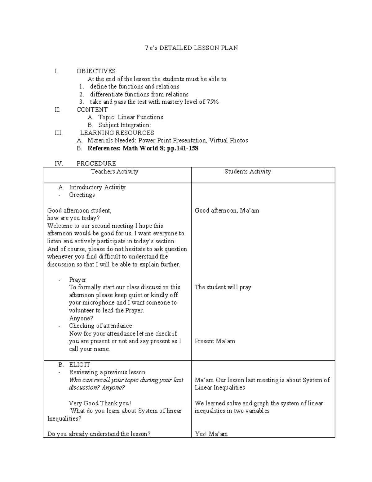 Linear Functions - Detailed Lesson Plan for Objectives & Activities ...