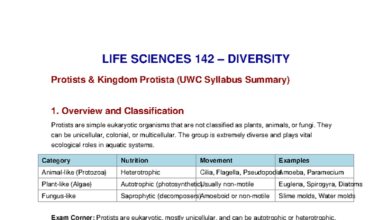 LIFE SCIENCES 142 Protists & Kingdom Protista Overview and ...