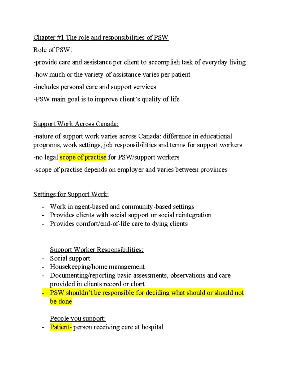 Chapter 1: Role and Responsibilities of PSWs in Canada - Studocu