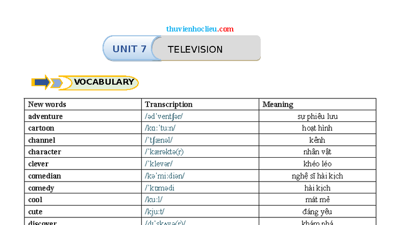 ENGG8 UNIT 7 TELEVISION VOCABULARY & ACTIVITIES - Studocu