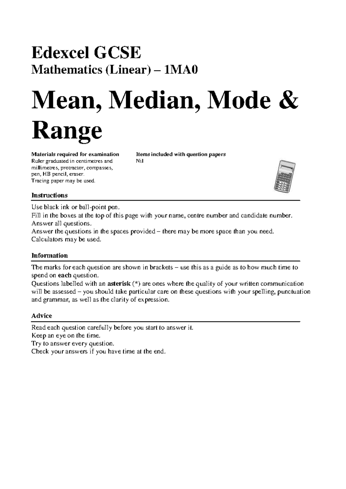 Edexcel GCSE Maths 1MA0: Mean, Median, Mode & Range Exam Guide - Studocu