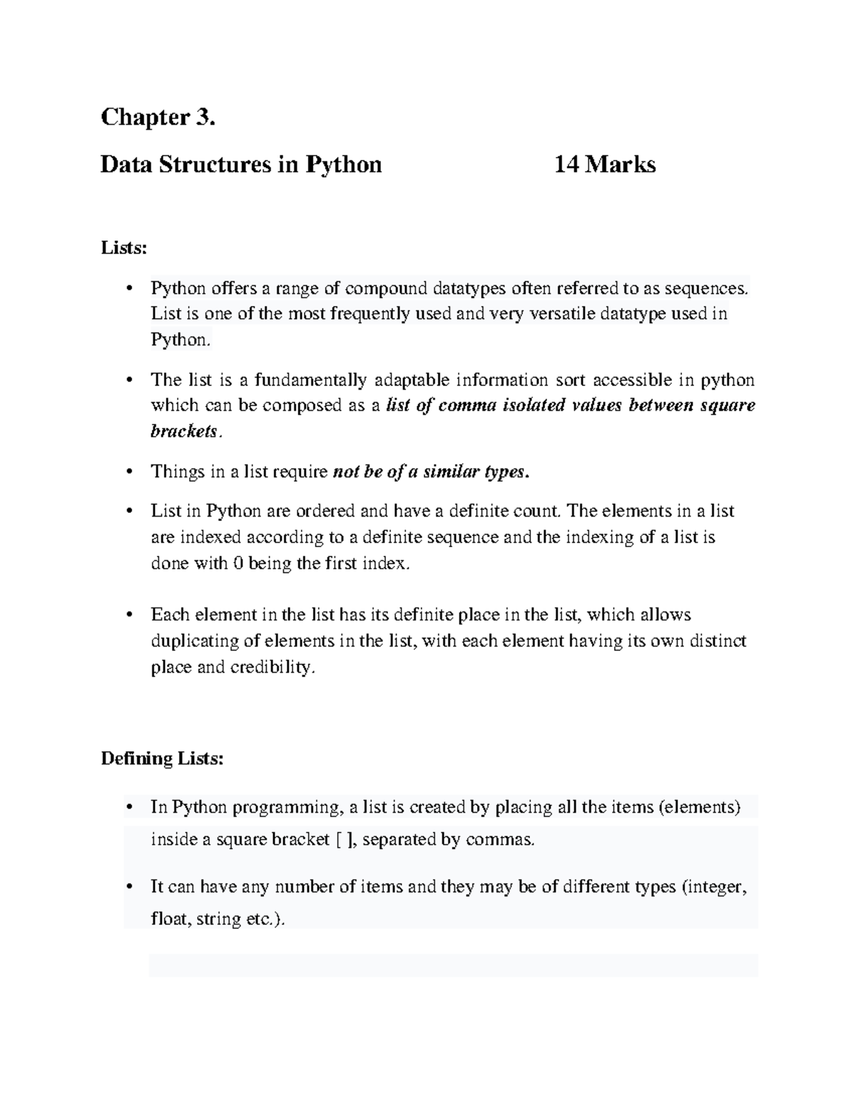 PWP Chapter 3 - This is python note part 3 - Chapter 3. Data Structures in Python 14 Marks Lists ...