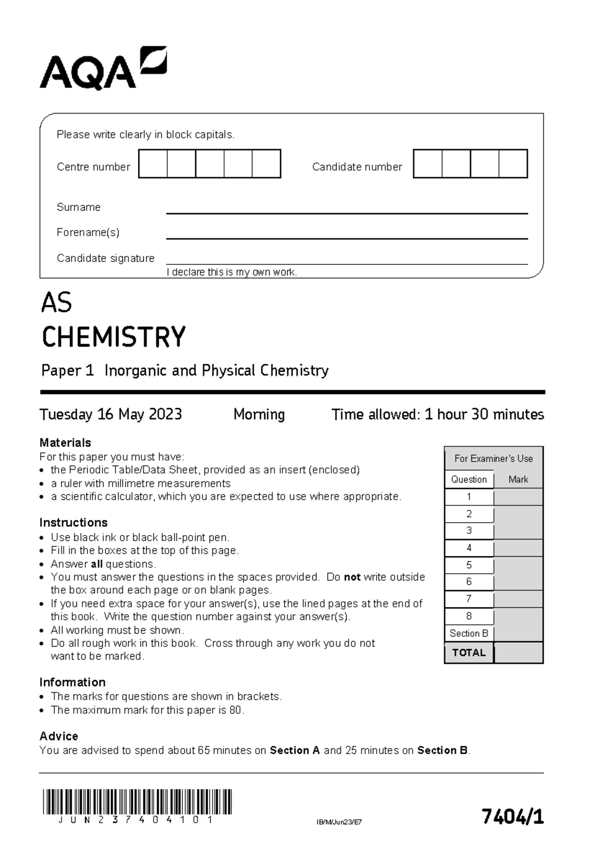 AS CHEMISTRY Paper 1: Inorganic & Physical Chemistry - June 2023 - Studocu