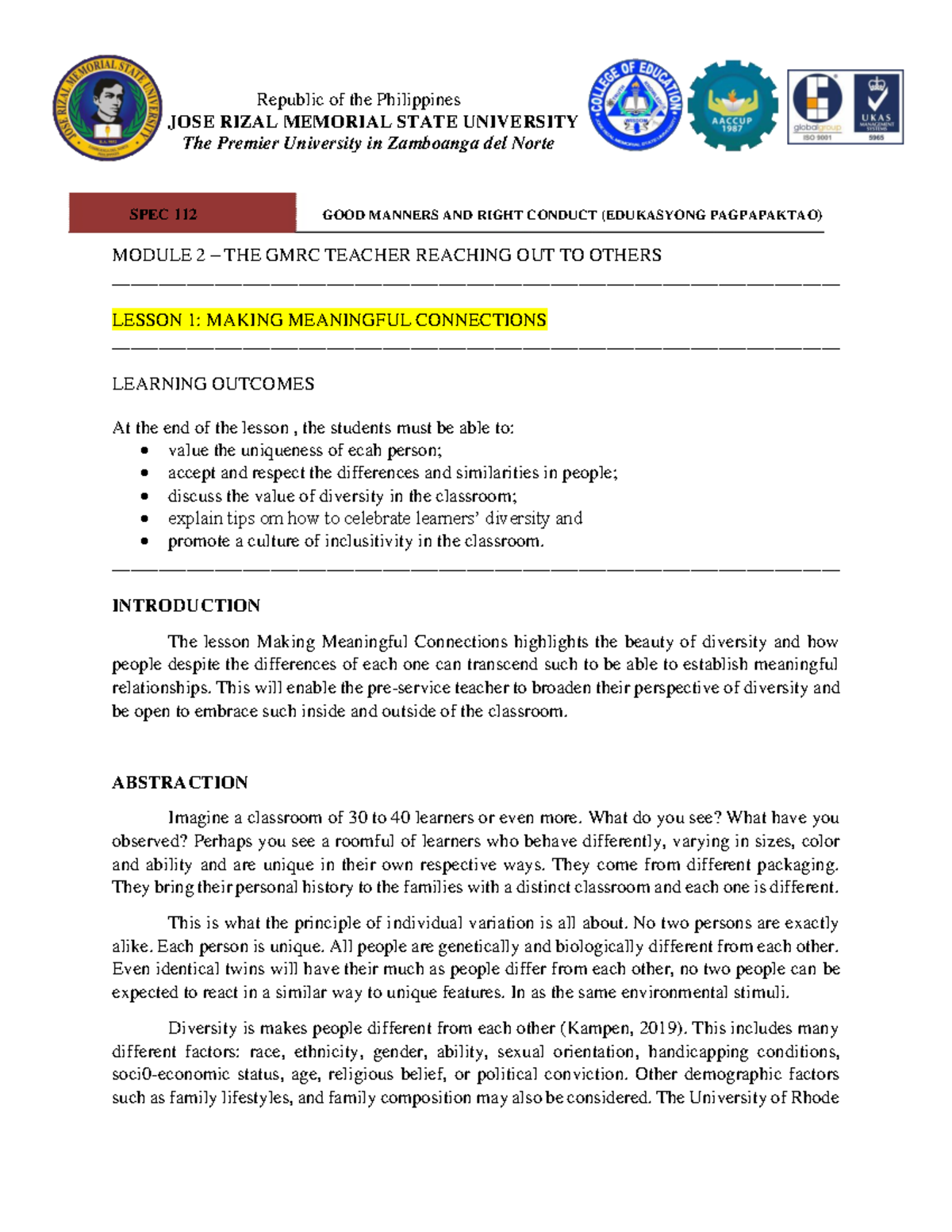 SPEC112. Module 2. Lesson 1: Embracing Diversity in the Classroom - Studocu