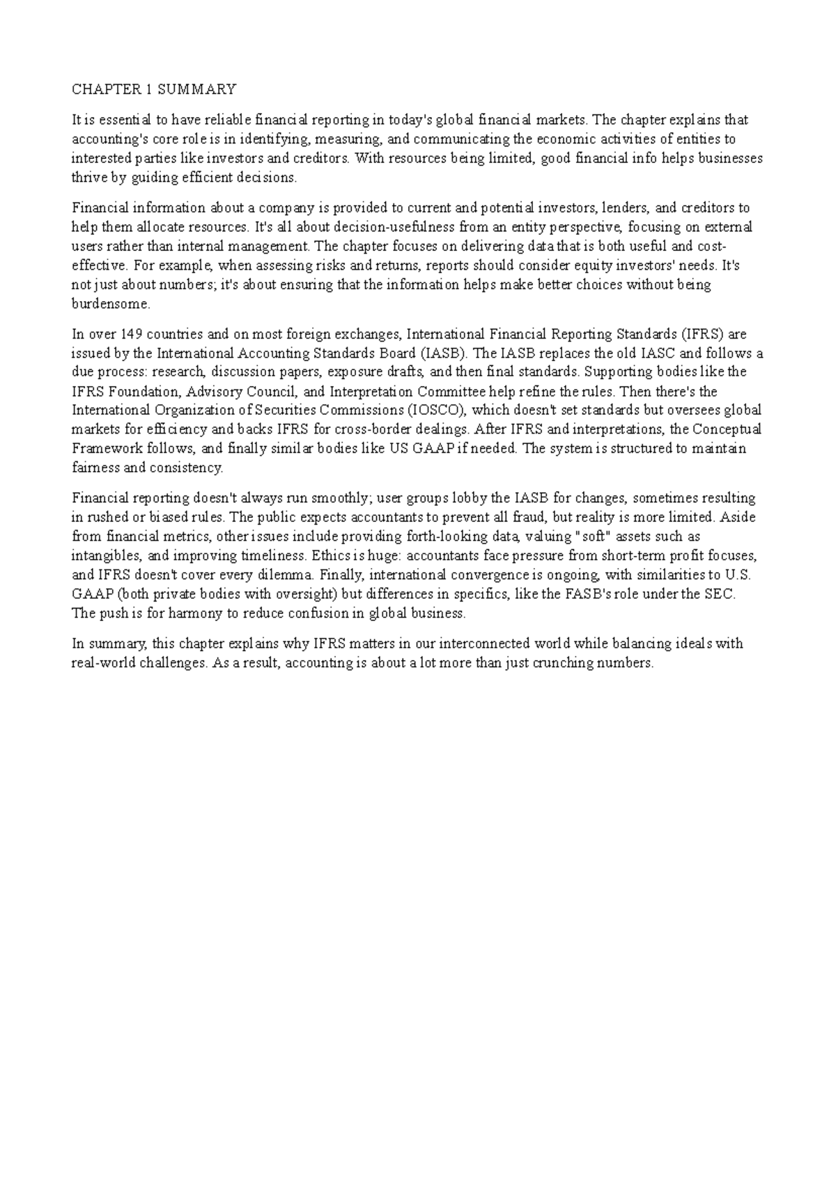 CH1 Summary: Importance of IFRS in Global Financial Reporting - Studocu