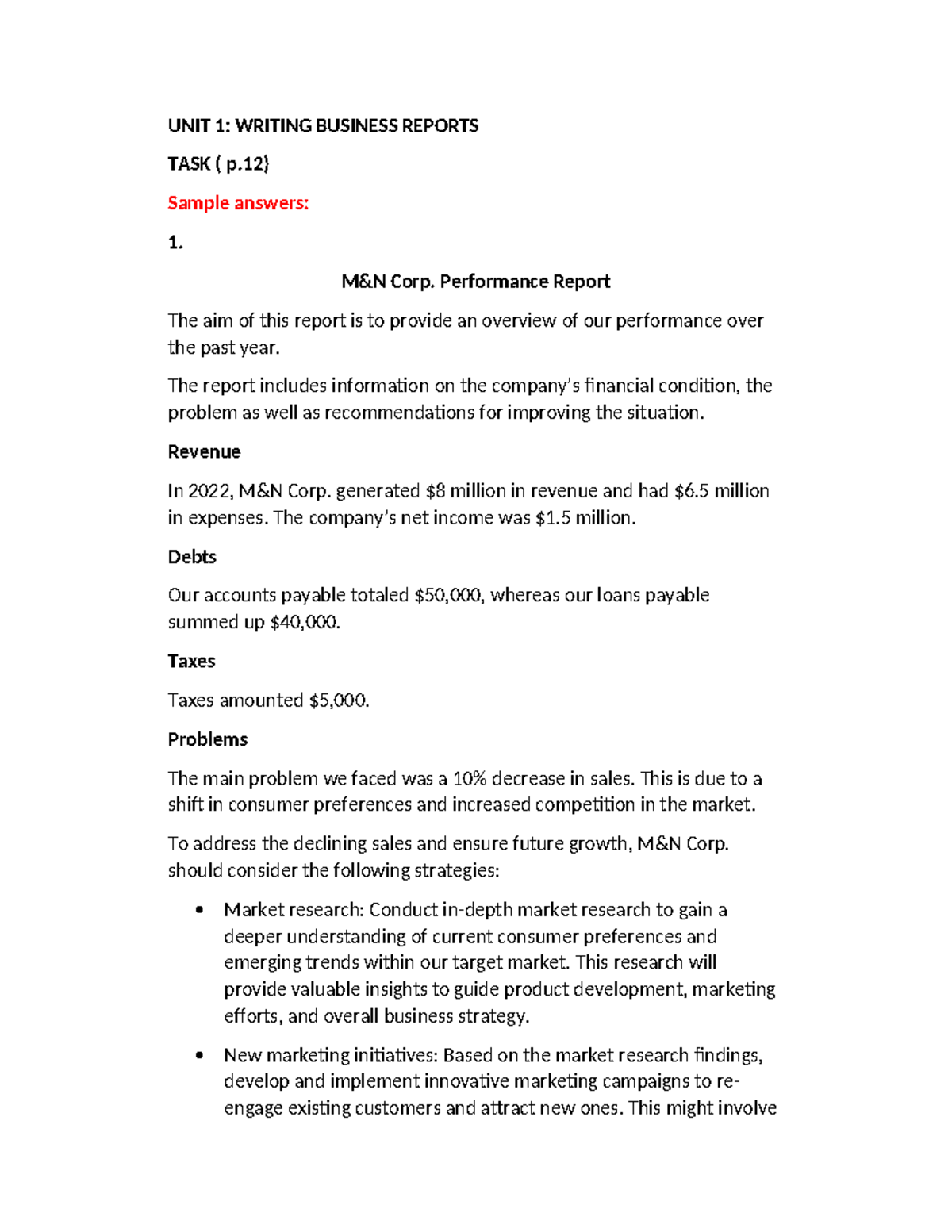 UNIT 1: Sample Business Reports & Corp. Performance Analysis - Studocu
