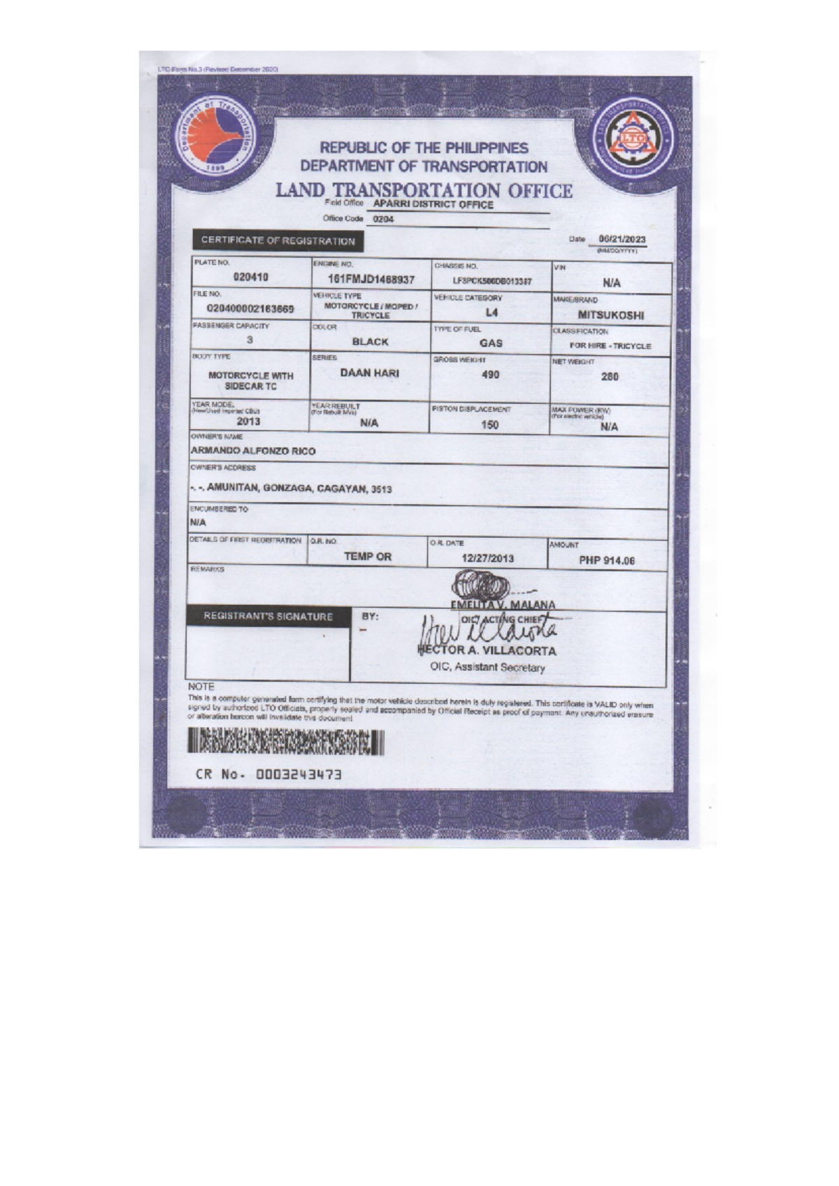 LTO Form No. (Rev. Dec 2020) - Vehicle Registration Certificate - Studocu