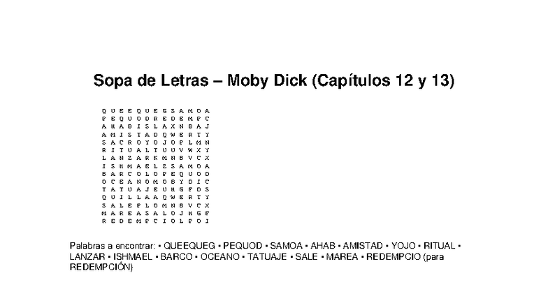 Sopa de Letras - Moby Dick (Capítulos 12 y 13) - CRUCIGRAMA - Studocu