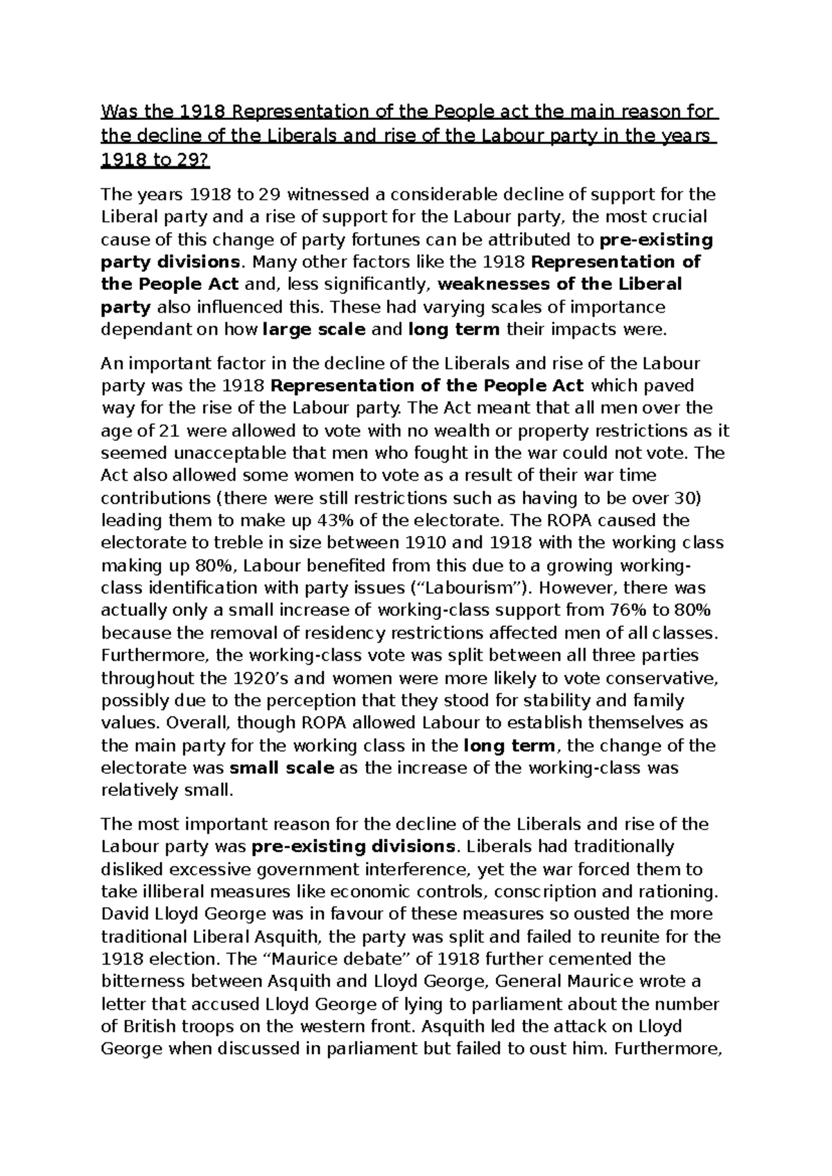 The Impact of the 1918 ROPA on Liberal Decline & Labour Rise (1918-29 ...