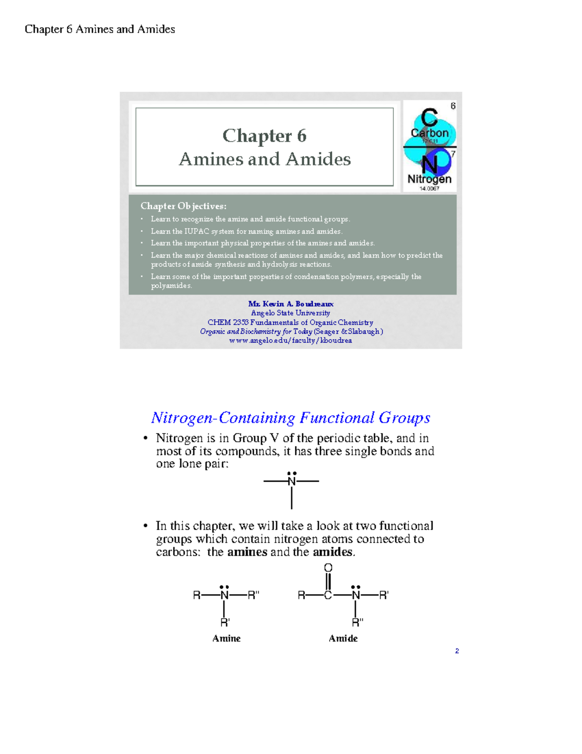CHEM 2353 Chapter 6: Amines and Amides Overview and Key Concepts - Studocu