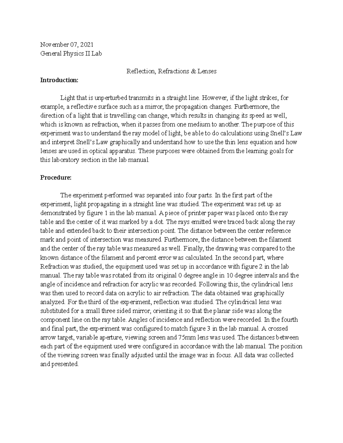 Lab 9: Reflection, Refraction & Lenses - Physics 2 Experiment Report ...