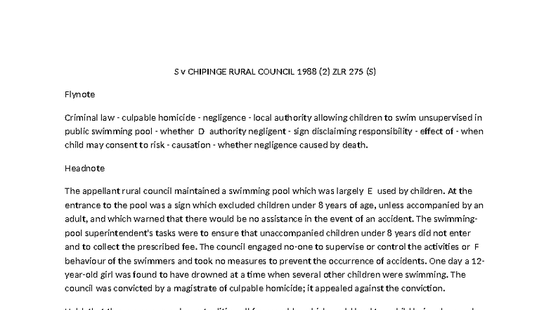 S v CHIPINGE RURAL COUNCIL 1988 (2) ZLR 275 (S) Culpable Homicide Case ...