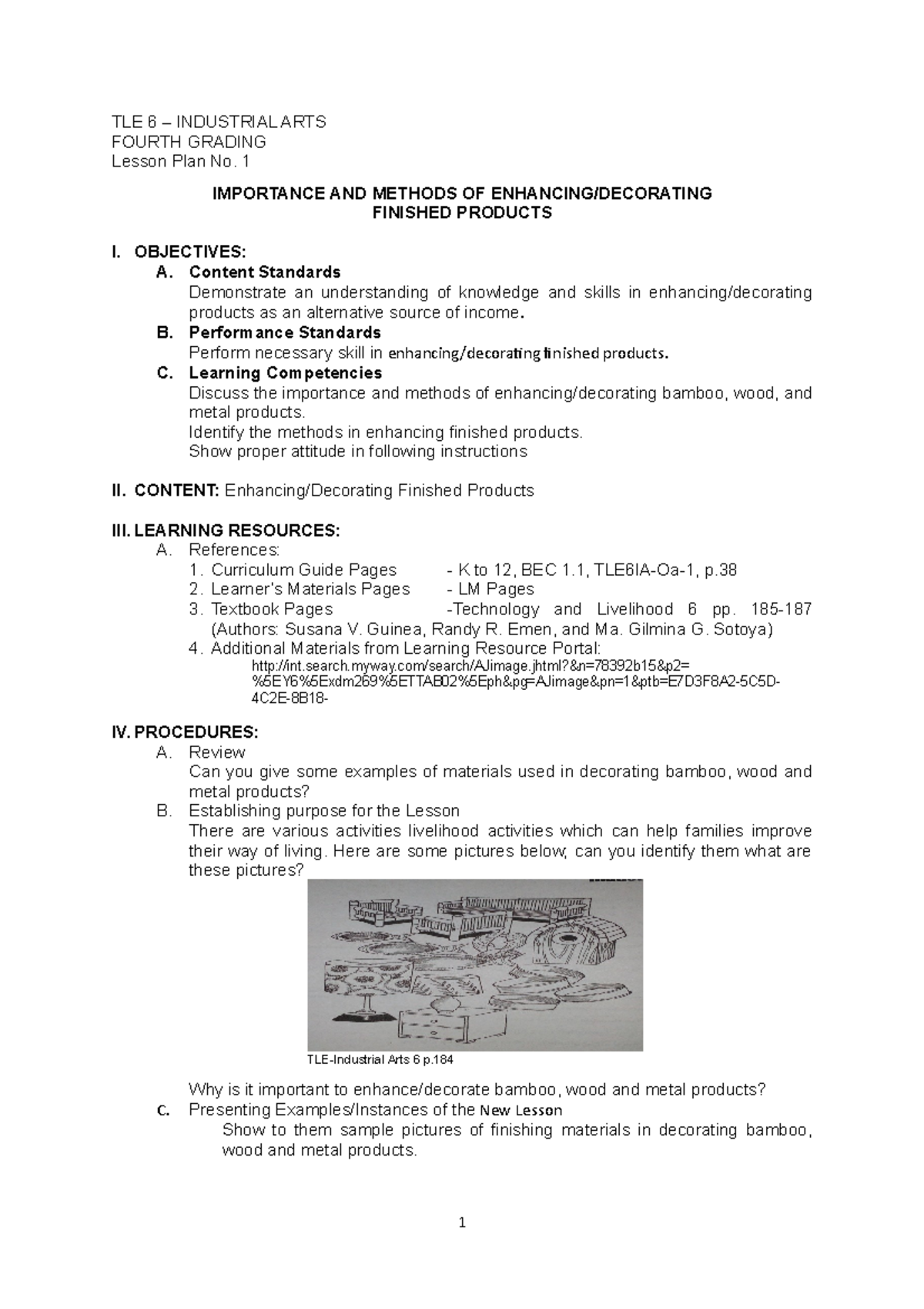 TLE 6 - Industrial Arts: Lesson Plan on Enhancing Finished Products ...