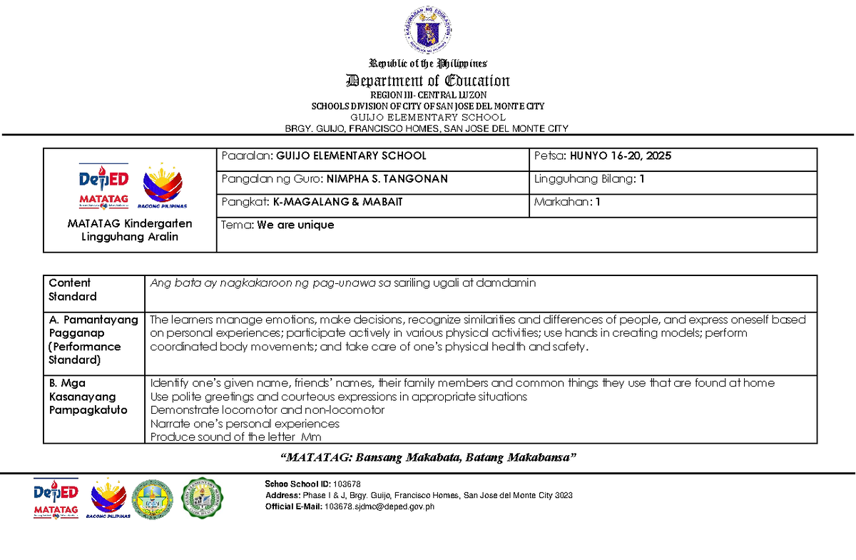DLL Q1 WEEK 1: MATATAG Kindergarten Lesson Plan - Studocu