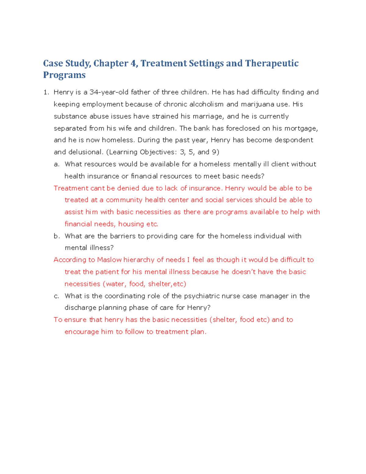 Case Study chapter 4 - Case Study, Chapter 4, Treatment Settings and ...