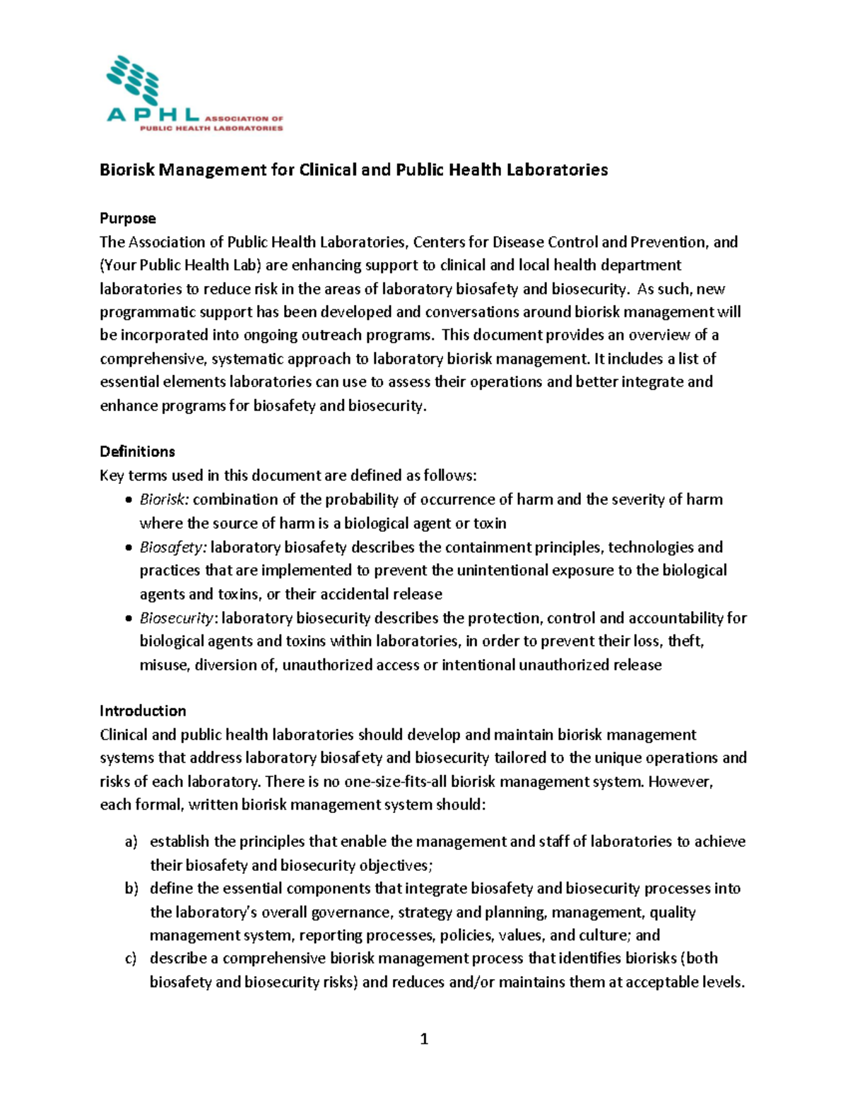 APHL Biorisk management program guidance document - Biorisk Management ...