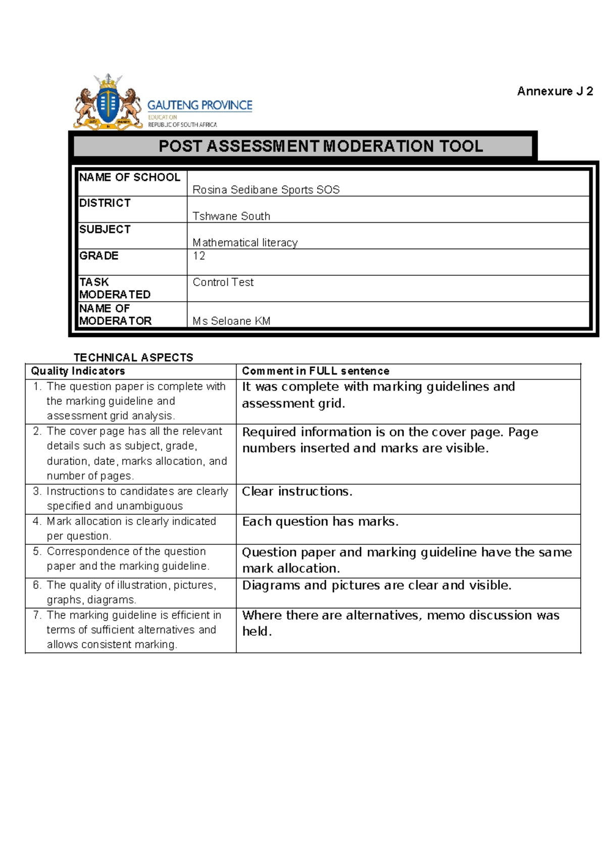 Annexure J2 2026 - Post Assessment Moderation Tool for Grade 12 ...