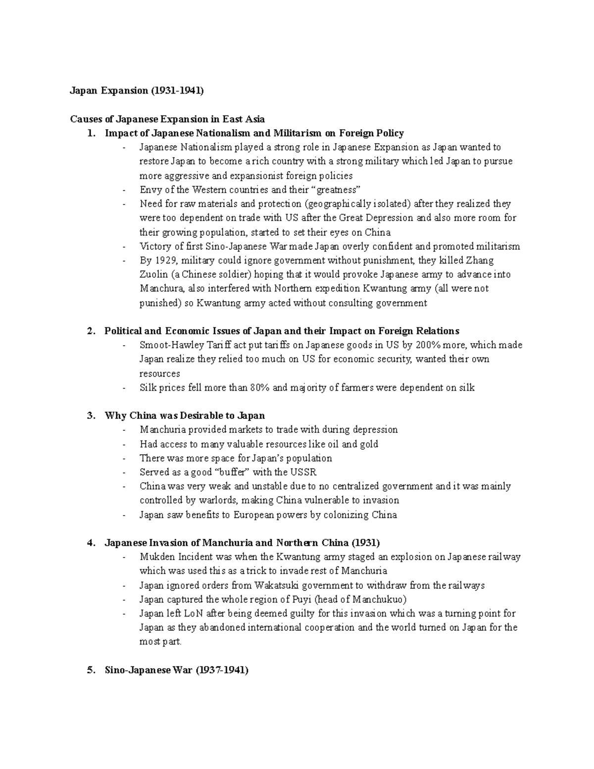 Untitled document-2 - Study Guide - Japan Expansion (1931-1941) Causes ...