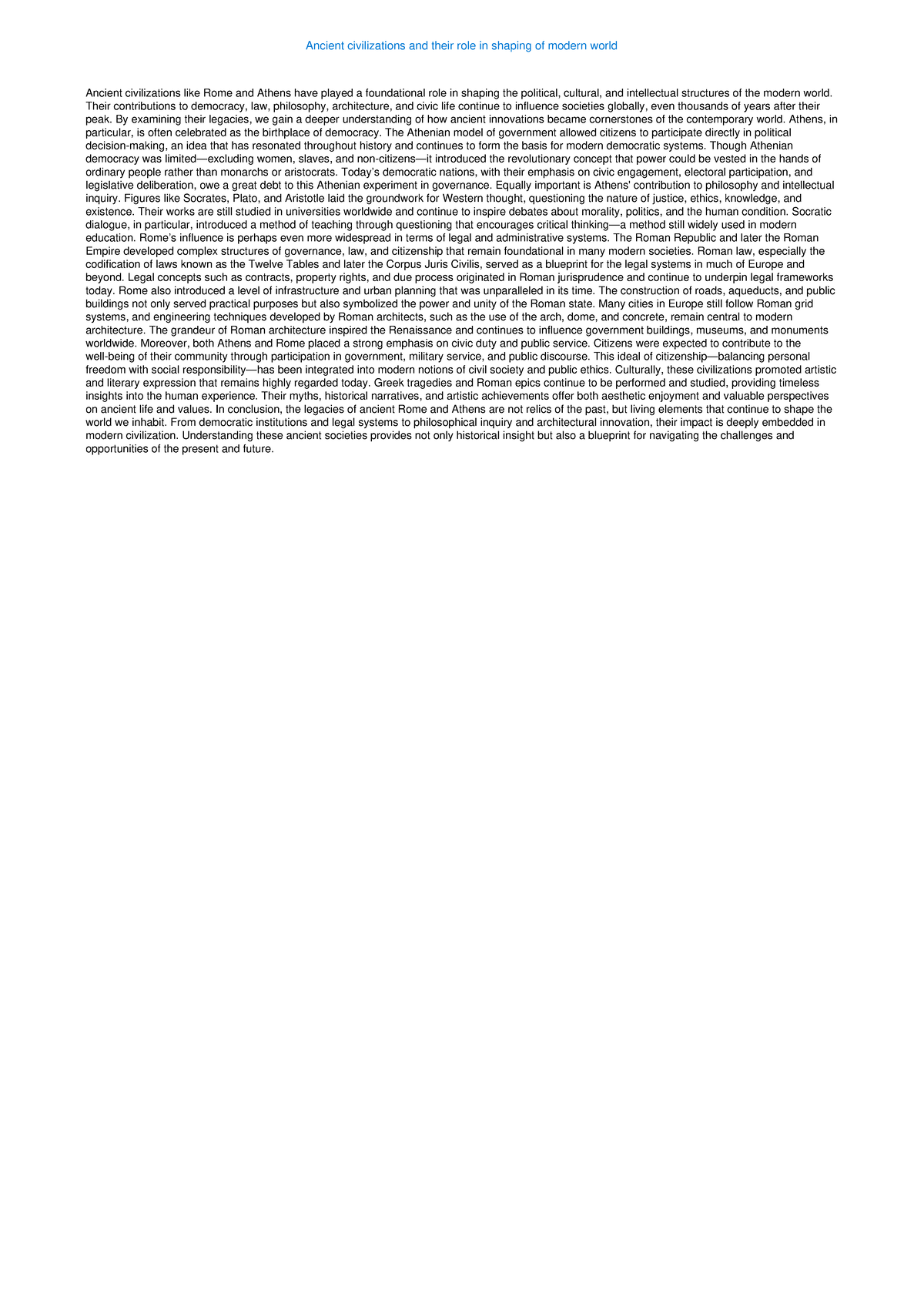 Ancient Civilizations (HIST 101) Essay: Impact on Modern Society - Studocu