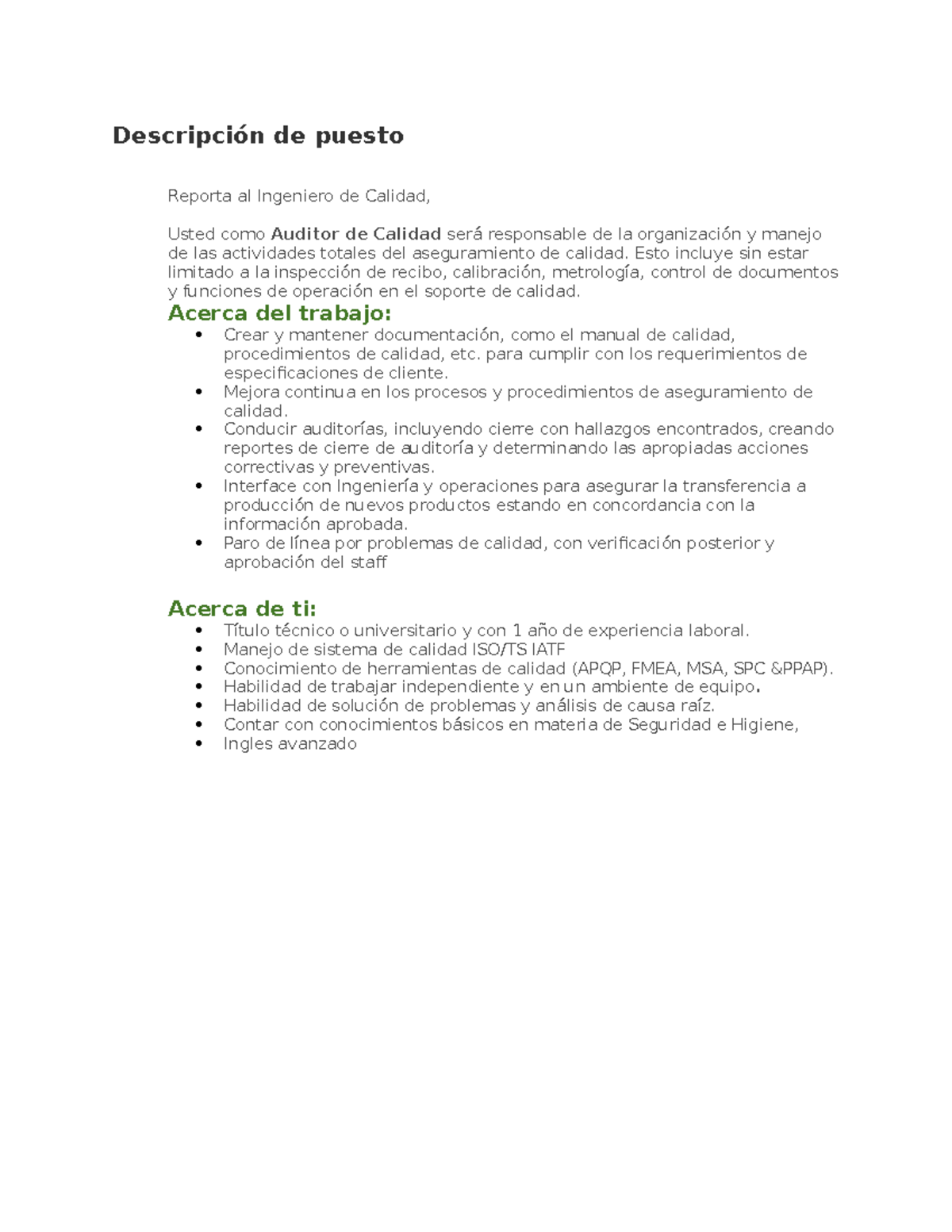 Descripción de puesto ingeniero de calidad resumido - Descripción de puesto Reporta al Ingeniero ...